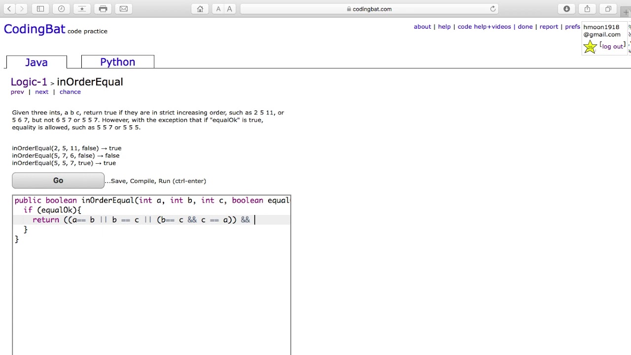 Logic 1 Inorderequal Java Tutorial Codingbat Com Youtube
