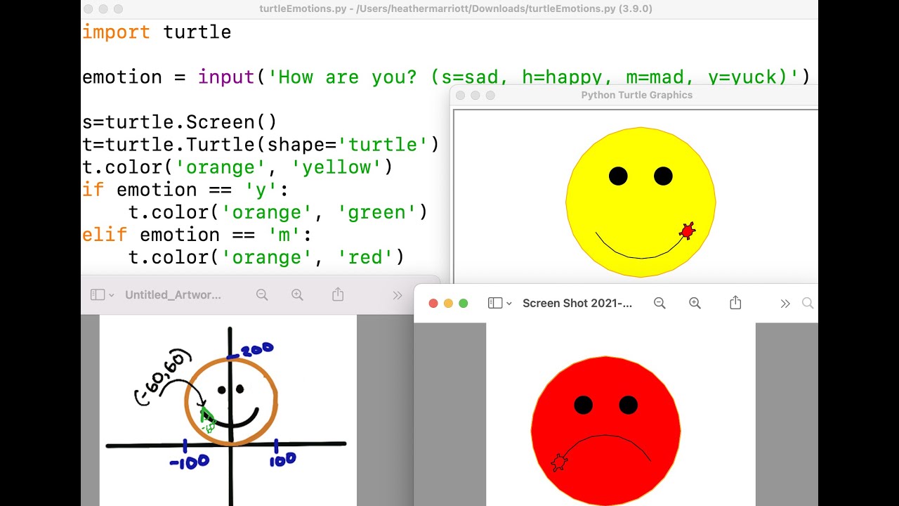 Drawing Emotions With Python Turtle Module Smiley Face Frown Mad