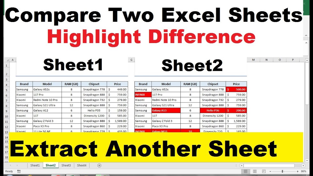 How To Compare Two Excel Files Or Sheets For Differences Youtube