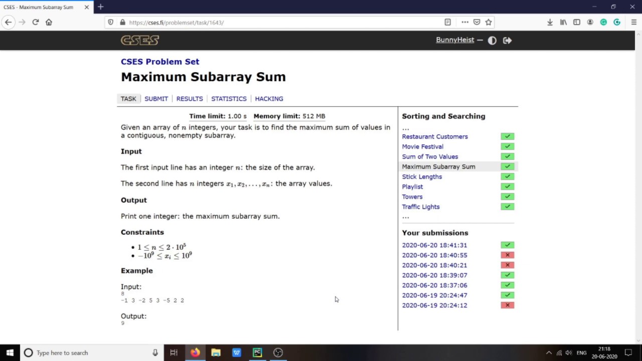 Python Maximum Subarray Sum Algorithm Cses Sorting And Searching 8