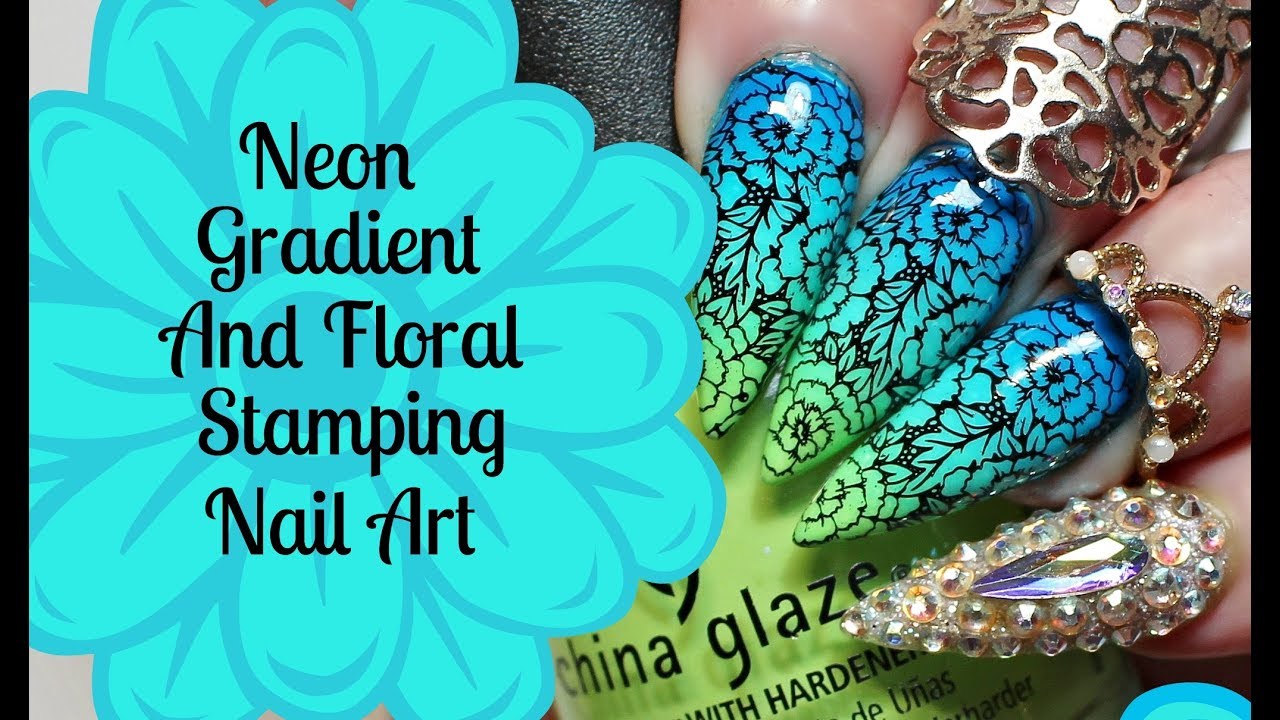 Nail Art Tutorial Neon Gradient Floral Stamping Design Using Lina Plate