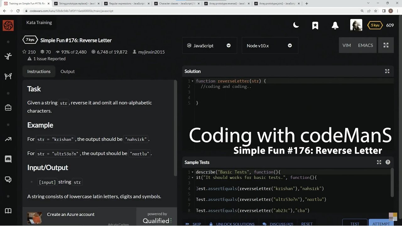 Codewars 7 Kyu Simple Fun 176 Reverse Letter Javascript Youtube