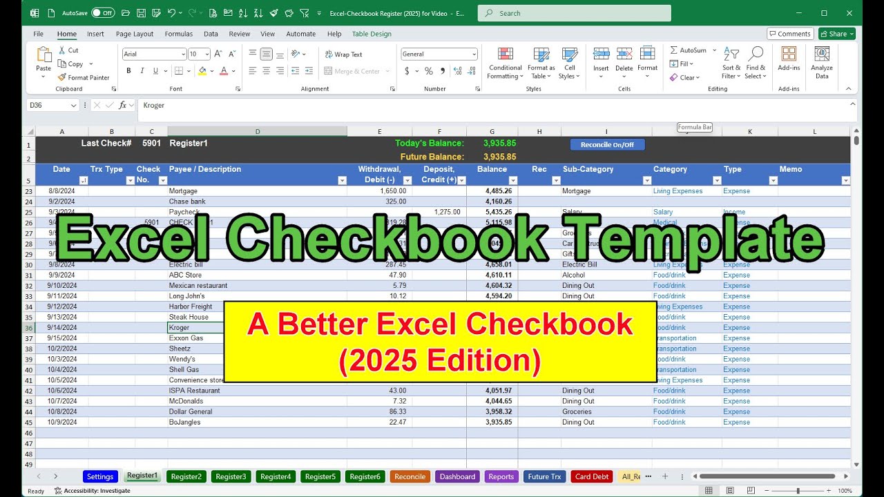 A Better Excel Checkbook Register 2025 Youtube