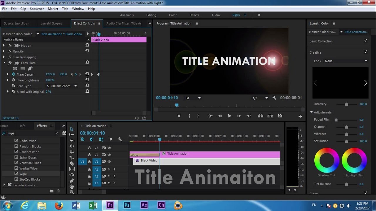 Adobe Premiere Pro Cc Title Animation With Lens Flare Youtube