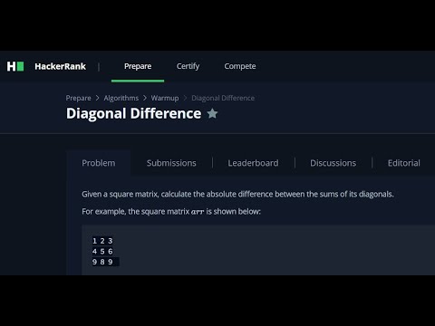 Diagonal Difference Hackerrank In C Youtube
