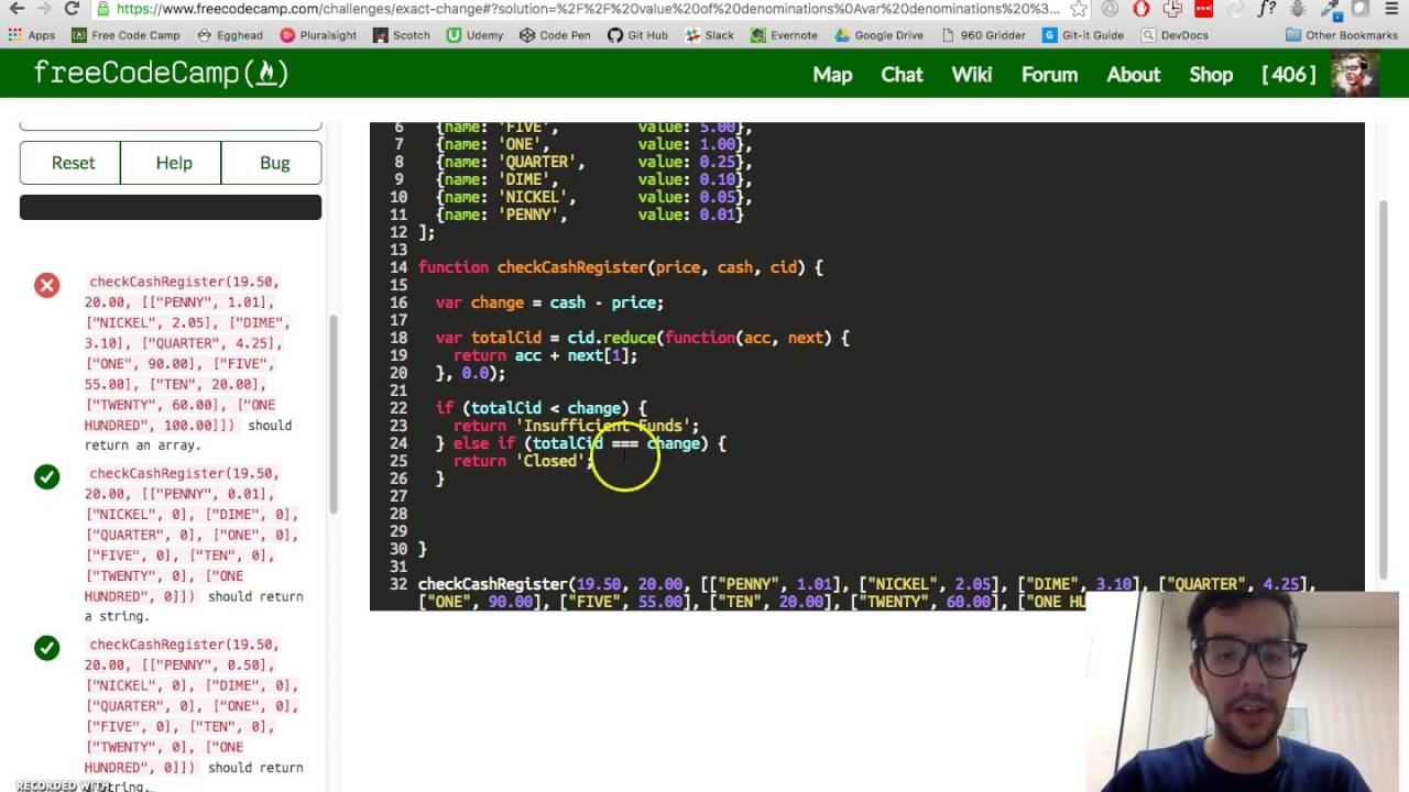 Exact Change Javascript Free Code Camp Youtube