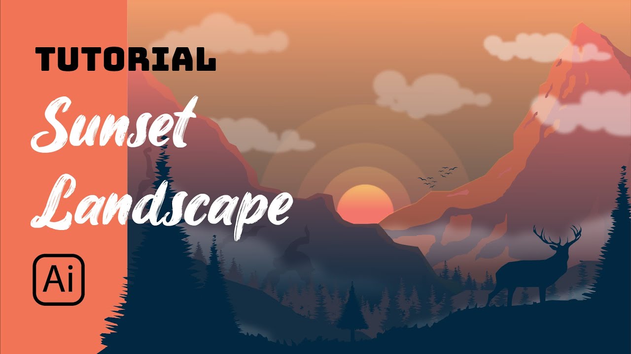 Sunset Landscape With Animal Silhouette Vector Illustration Adobe