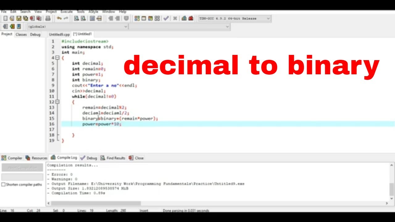 C Program To Convert Decimal To Binary Youtube