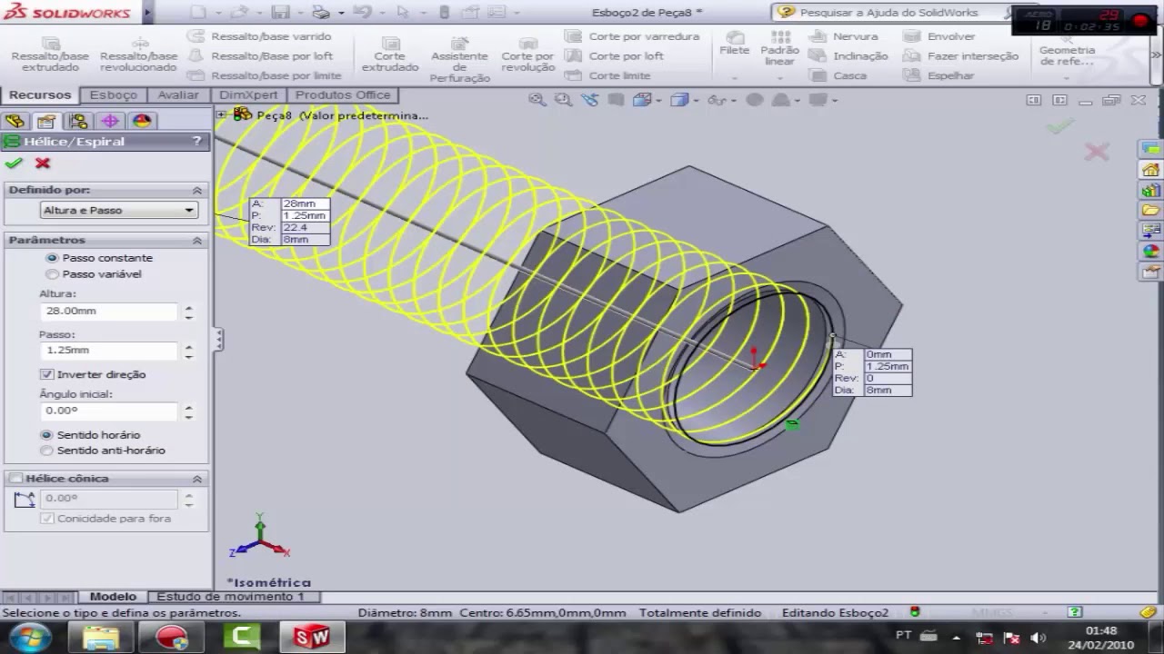 Curso Básico Solidworks Aula 6 Rosca Interna E Porca Sextavada Youtube