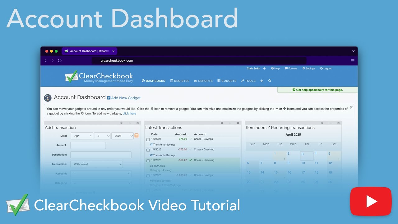Account Dashboard Clearcheckbook Youtube