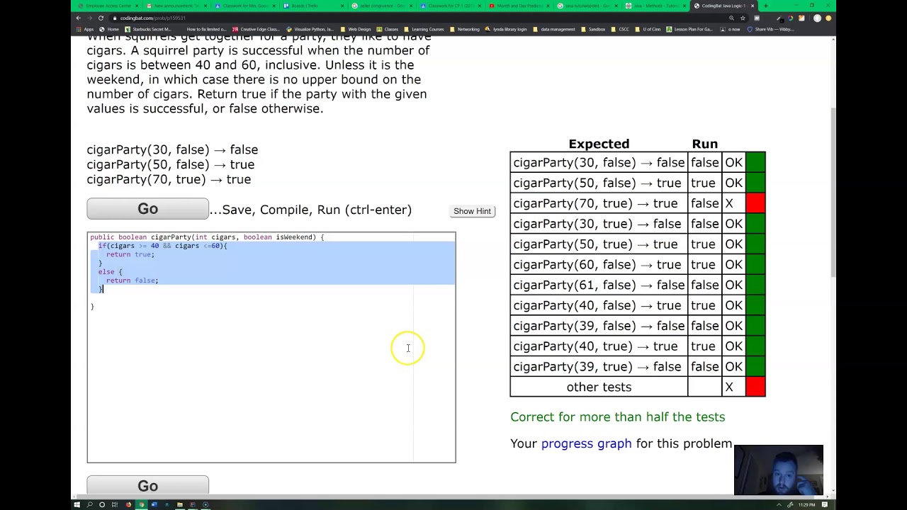 Codingbat Logic 1 Cigarparty Walkthrough Youtube