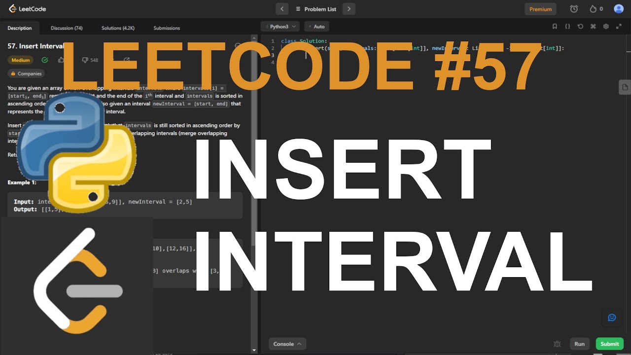 Insert Interval Leetcode 57 Single Pass Solution Python Leetcode