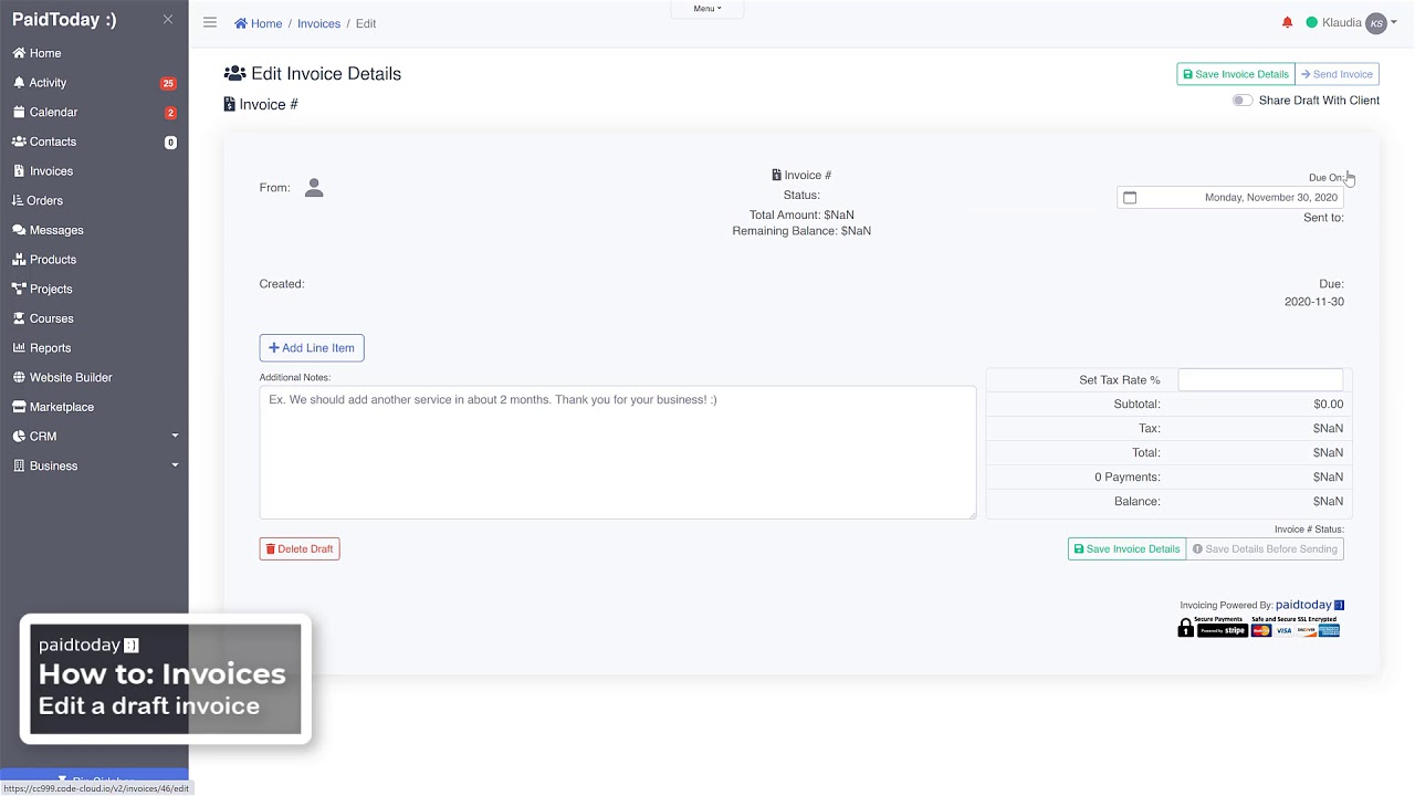 How To Edit A Draft Invoice Paidtoday 2021 Youtube