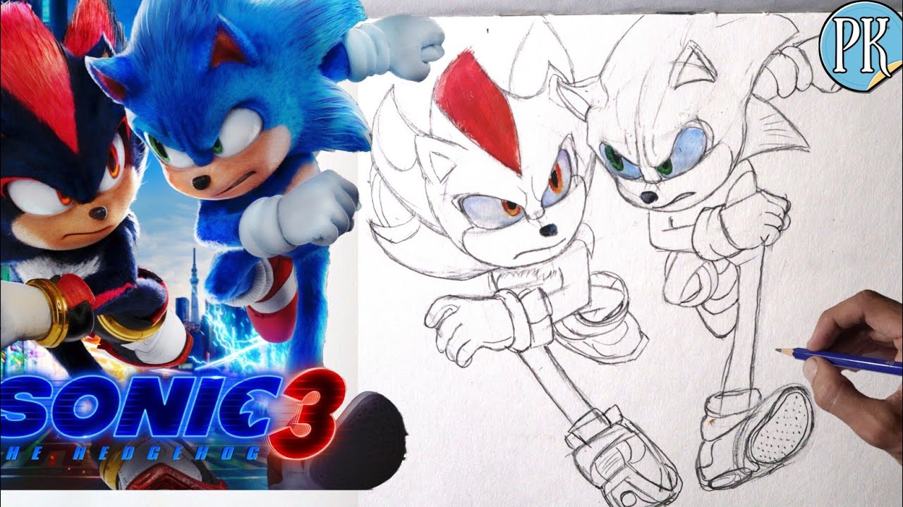 How To Draw Sonic 3 Movie Poster Sonic Vs Shadow Very Easy