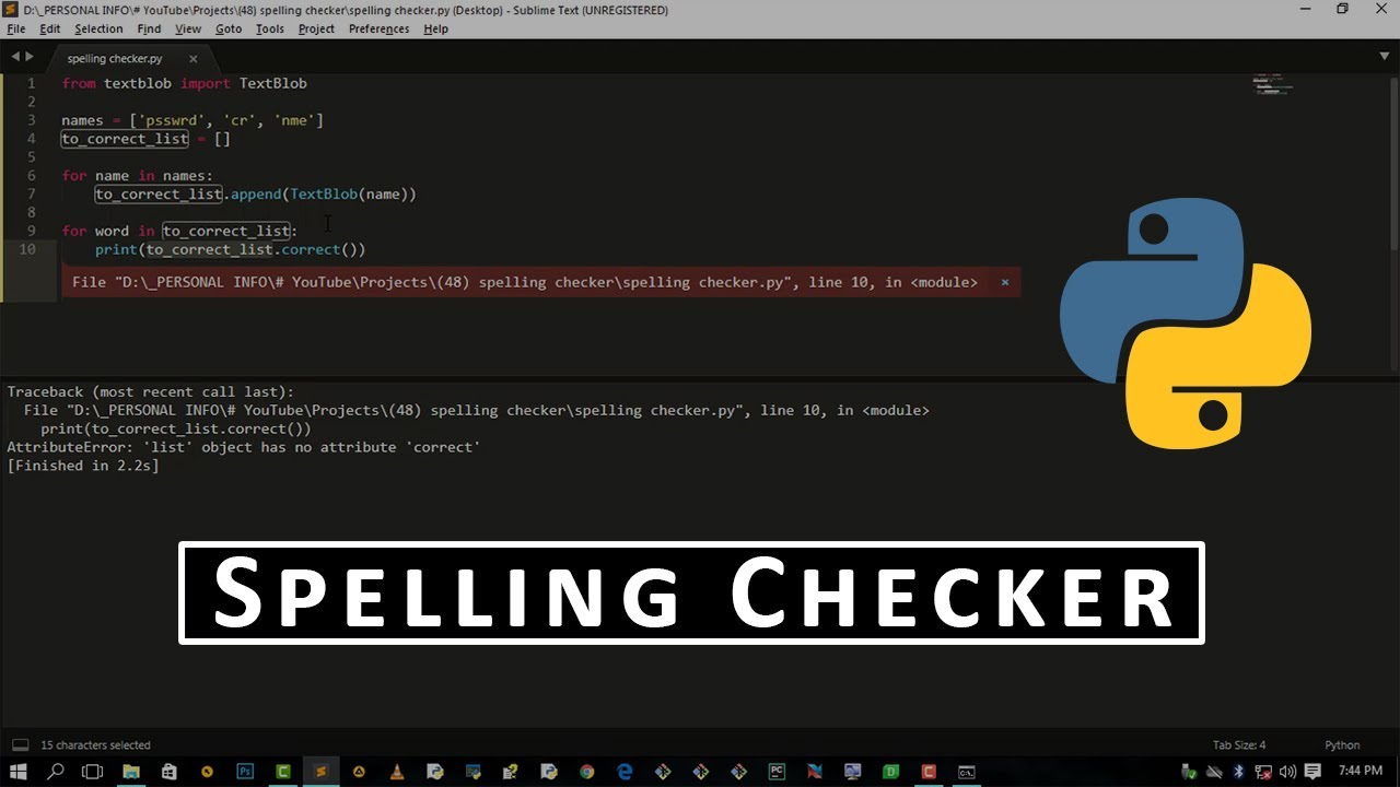 Spelling Checker Program Using Python Beginner Tutorial Youtube