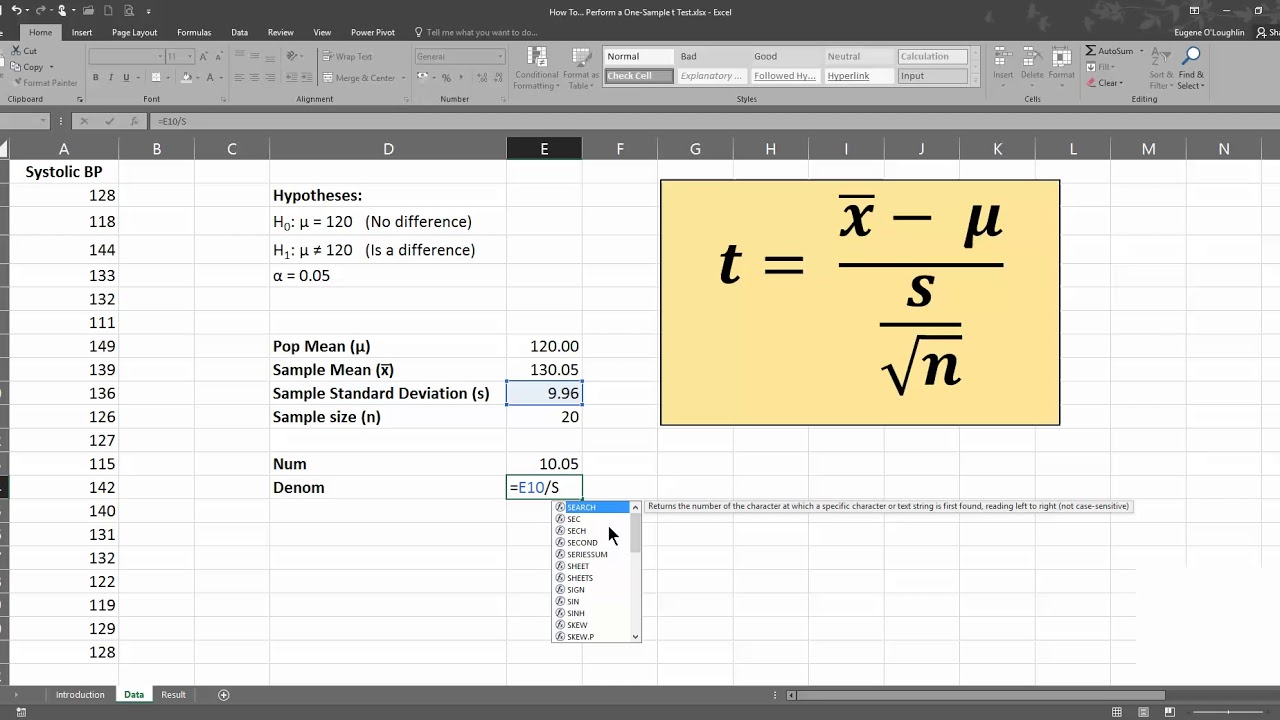 T Test Excel One Sample Sample Business Proposal