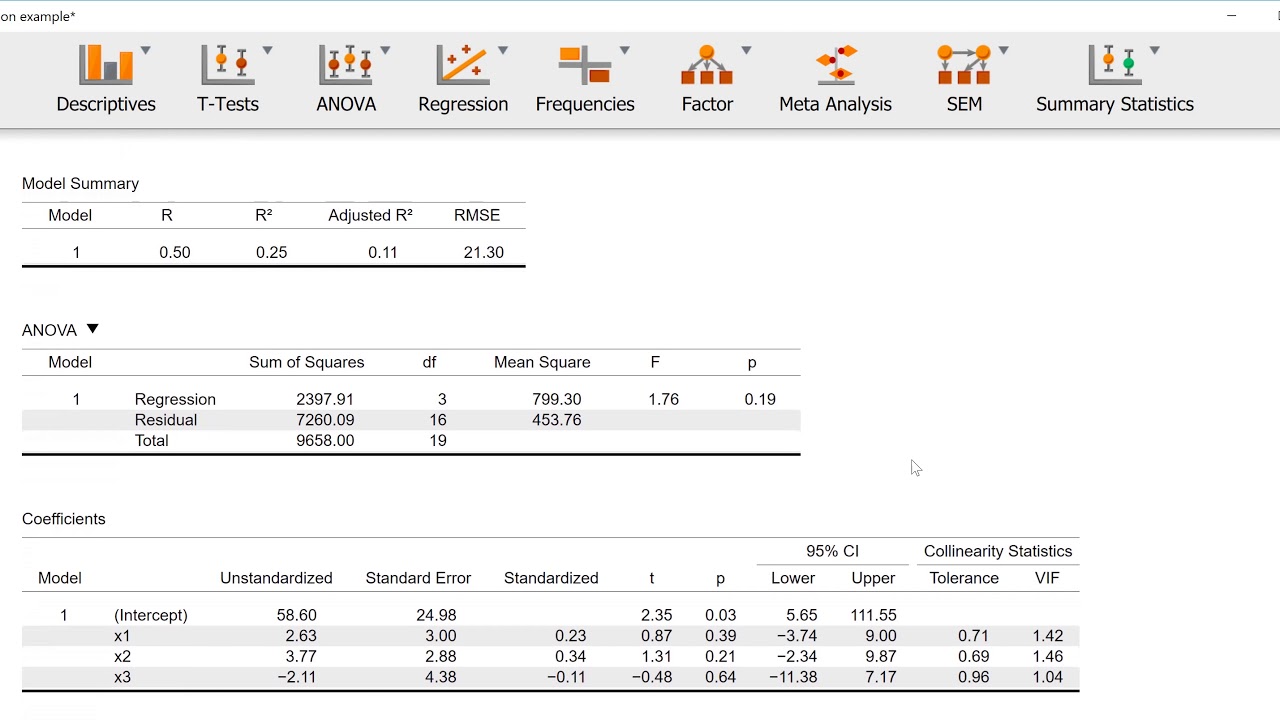 Linear Regression In Jasp Youtube
