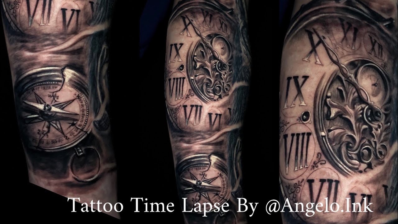 Old Fashioned Clock And Compass Tattoo At Dorothy Lessard Blog