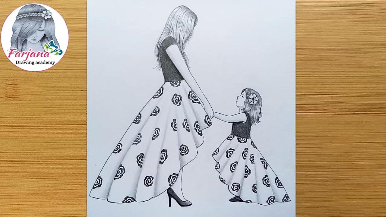 Pencil Sketch Drawing Of Mother And Daughter