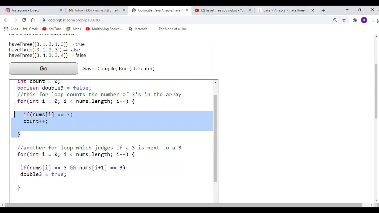 Codingbat Array2 Have3 Youtube