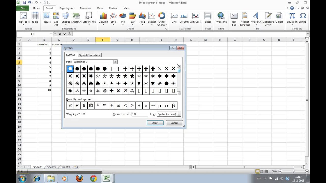 How To Insert Symbols And Special Characters In Excel 2010 Youtube