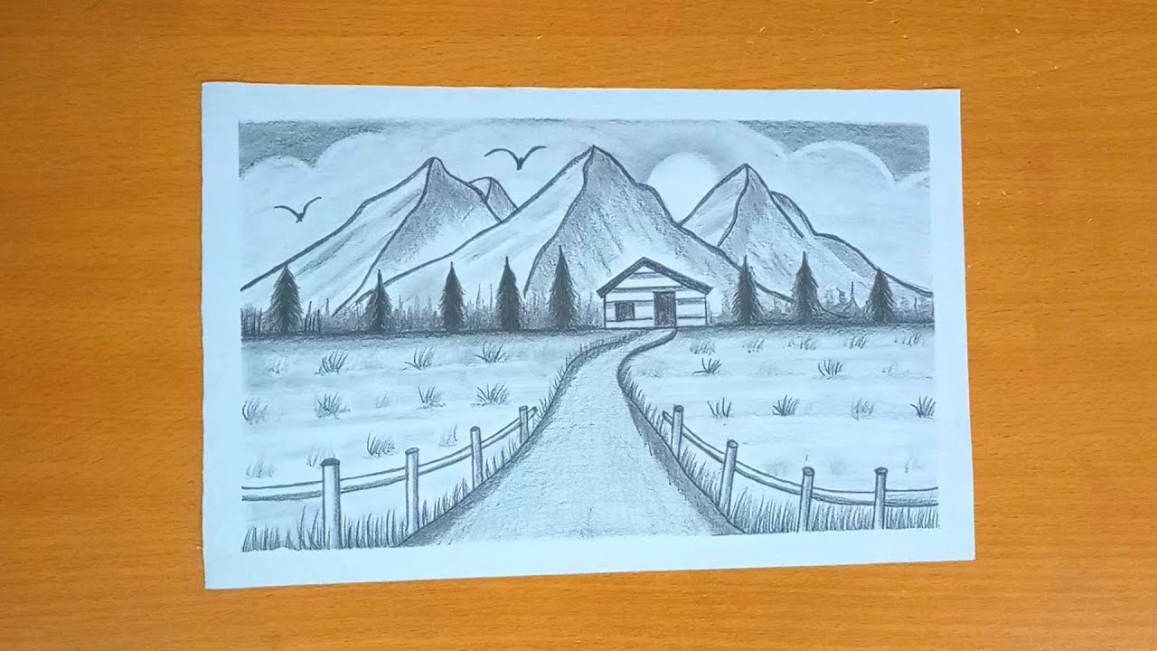How To Draw Sunset In Mountain With Pencil How To Draw A Landscape