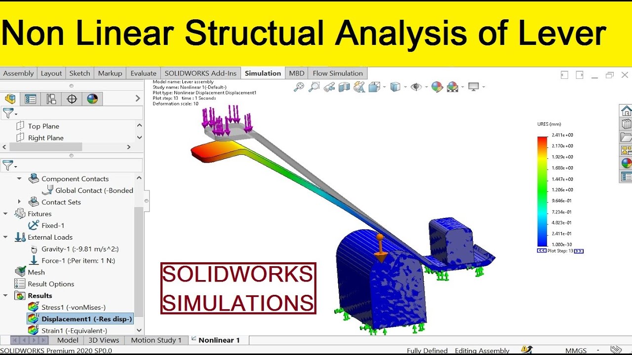 Solidworks Simulations Non Linear Structural Analysis Of A Lever