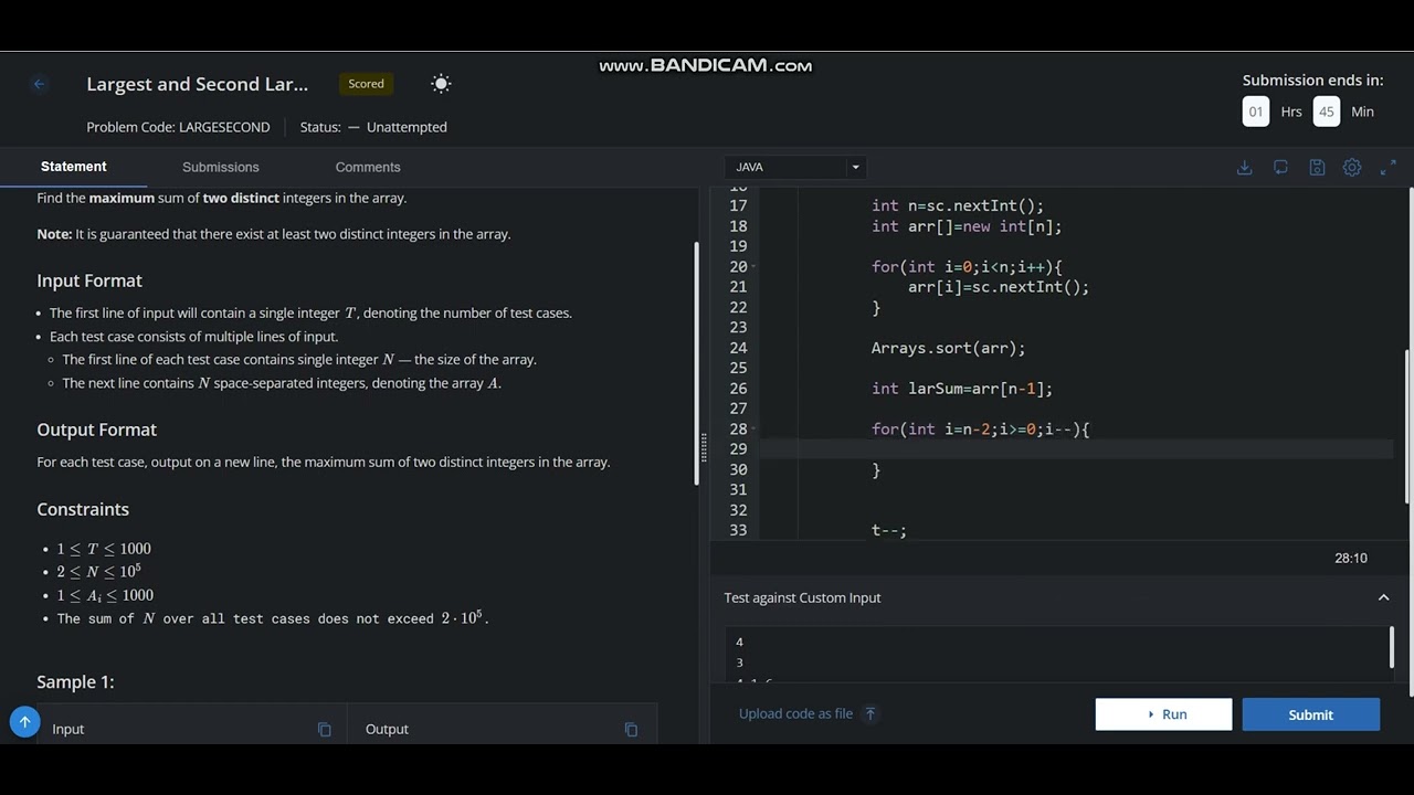 Largest And Second Largest Codechef Starters 88 Solution In Java