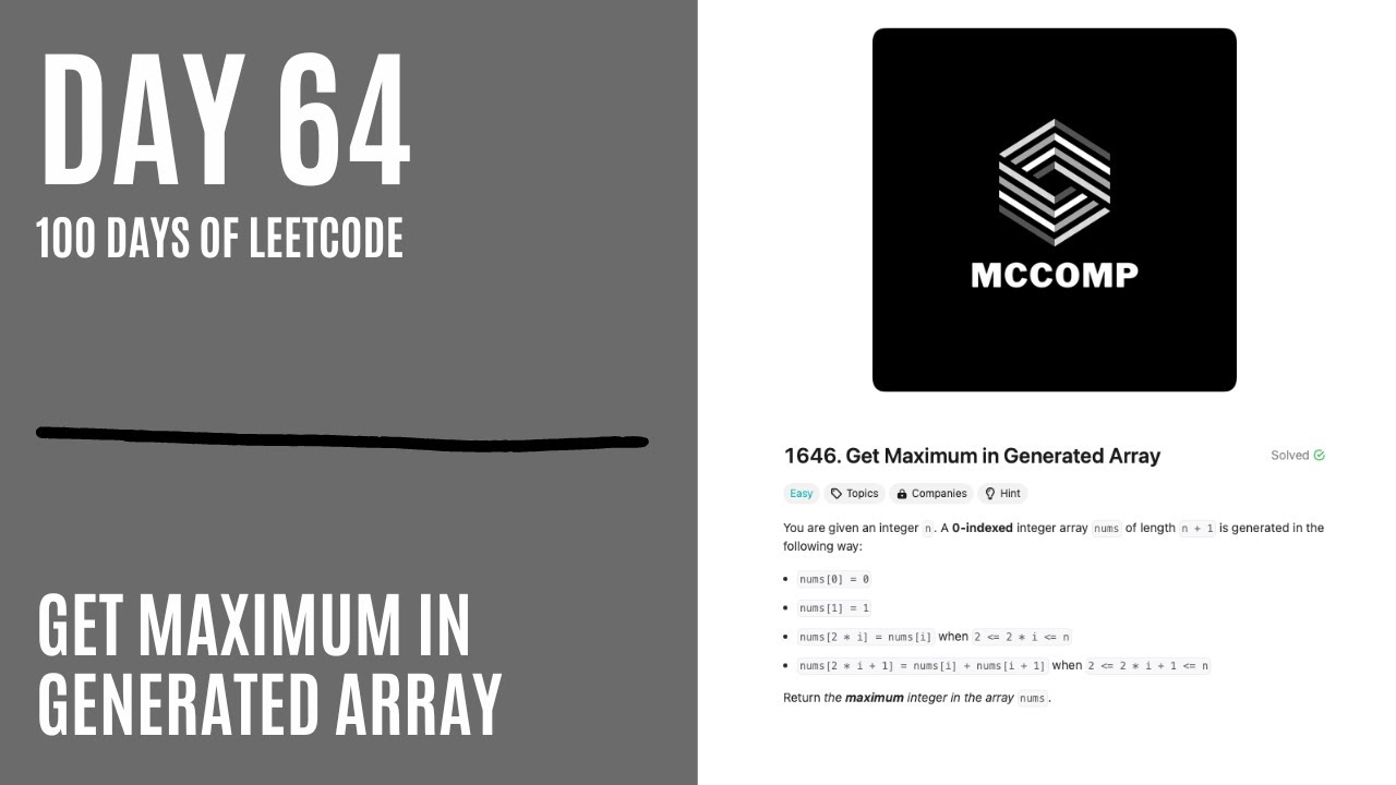 Get Maximum In Generated Array Leetcode Problem 1646 Youtube