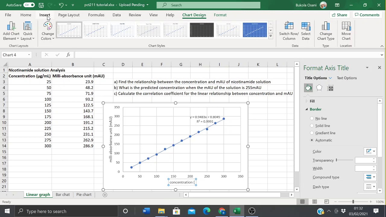 Plotting A Linear Graph Using Microsoft Excel Youtube
