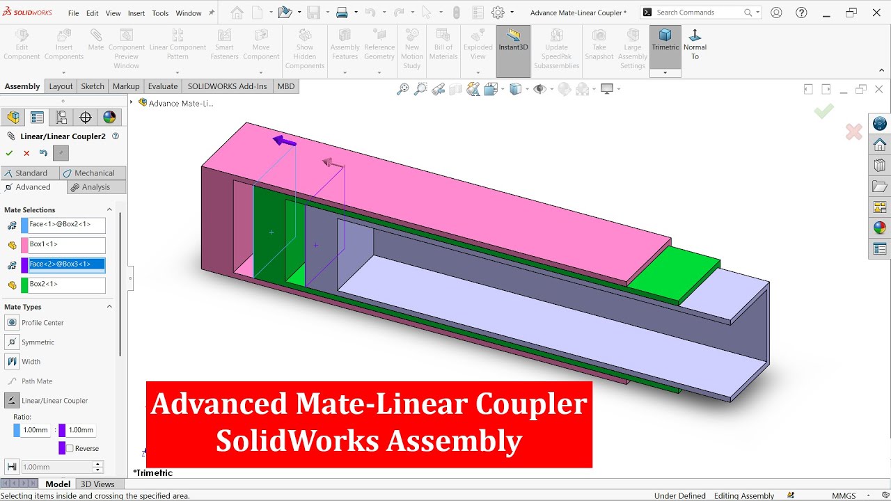 Advance Mate Linear Coupler Solidworks Assembly Youtube