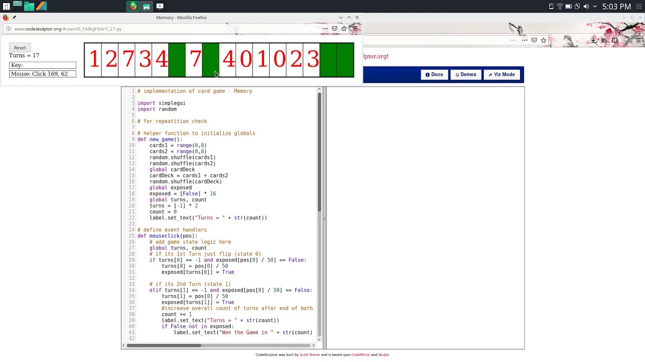 Memory Game Using Python In Codeskulptor Youtube