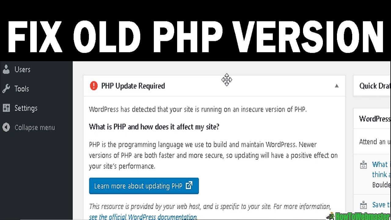 Fix Wordpress Old Php Version Update Required Notice How To Change