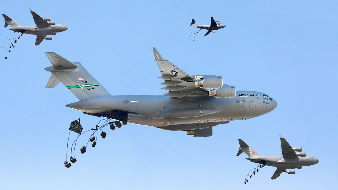 Massive Cargo Airdrop From Gigantic Us C 17 Globemaster Iii Youtube