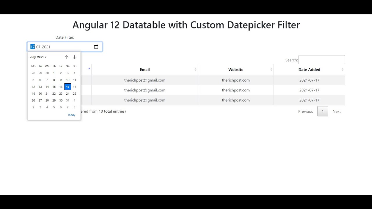 Angular 12 Datatable With Custom Datepicker Filter Youtube