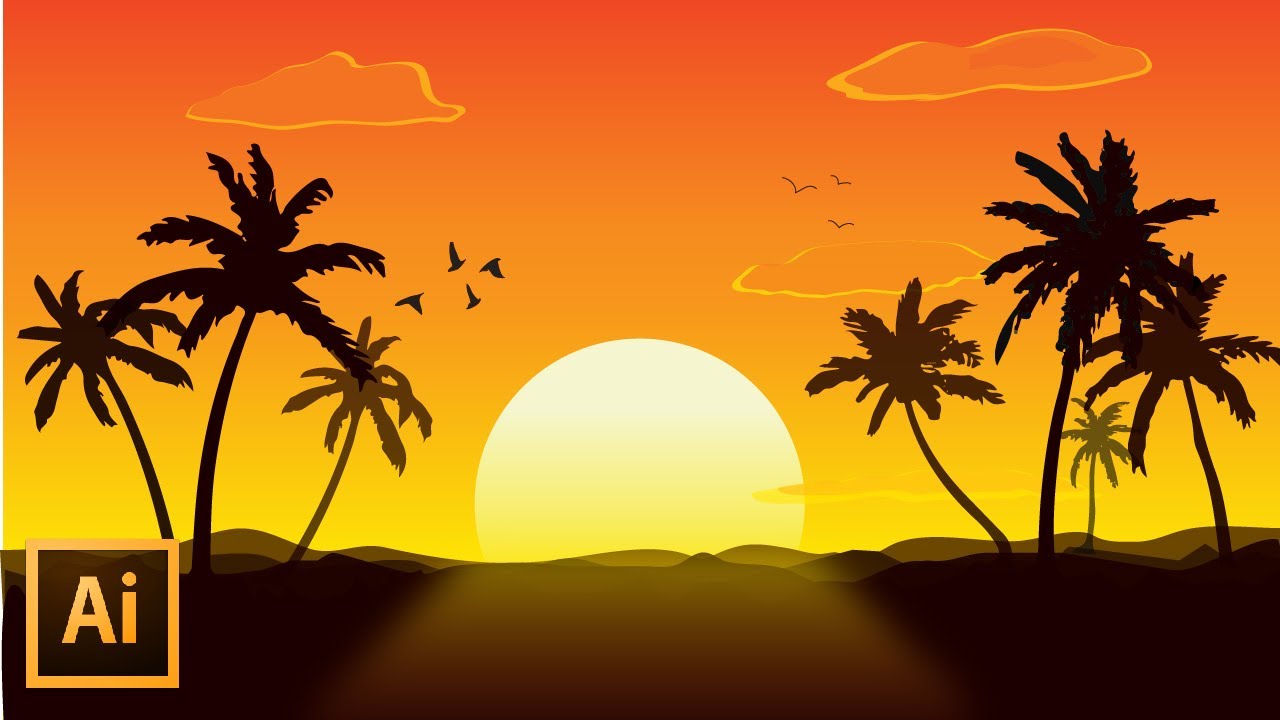 Sunset Scenery Vector Illustration I Adobe Illustrator I Tutorial Youtube