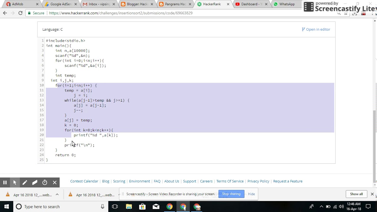 Insertion Sort Part 2 Hackerrank Solution Youtube