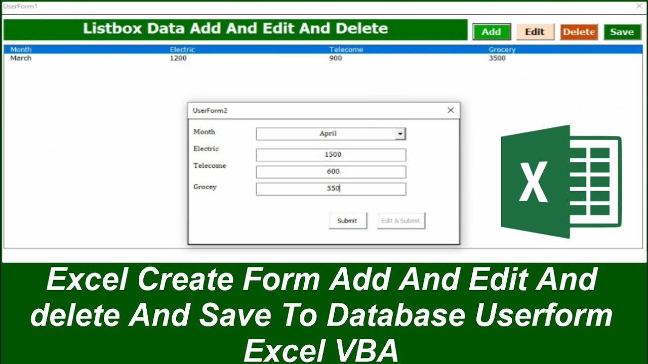 Excel Create Form Add And Edit And Delete And Save Excel Vba Youtube