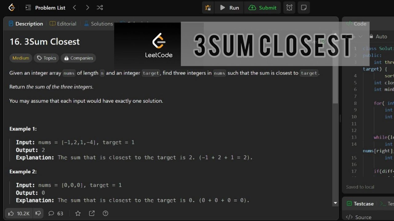 Leetcode 16 3sum Closest C Youtube