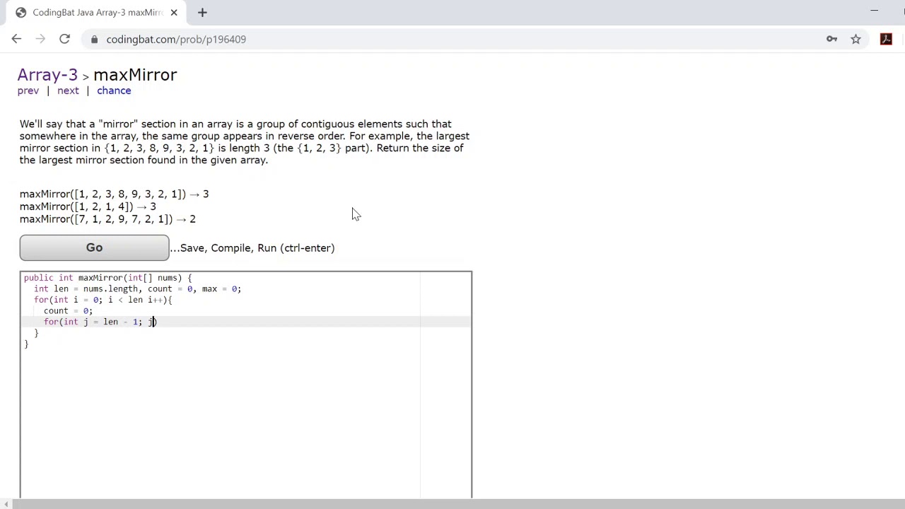 Array 3 Maxmirror Java Tutorial Codingbat Youtube