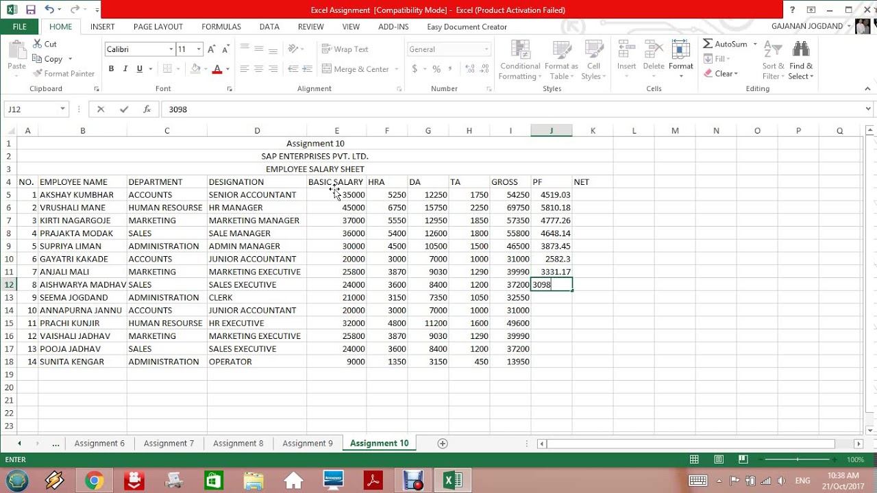 Ms Excel Assignment 10 Youtube