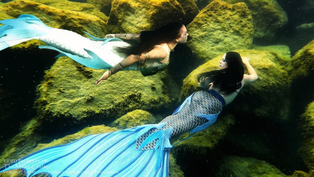 Two Mermaid Tails Sparkle Underwater Beautiful Underwater Scenery With