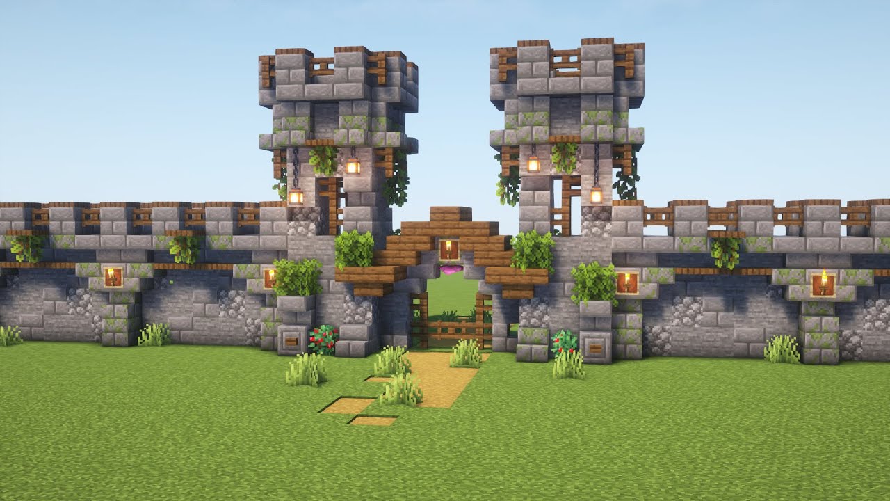How To Build A Medieval Stone Wall With A Gate Minecraft Tutorial