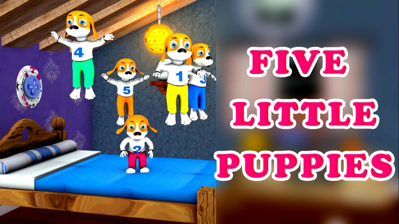 Five Little Puppies Jumping On The Bed Song Nursery Rhymes For