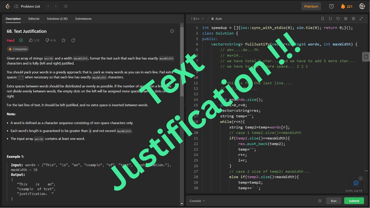 Text Justification Leetcode Daily Problem Solution C Youtube