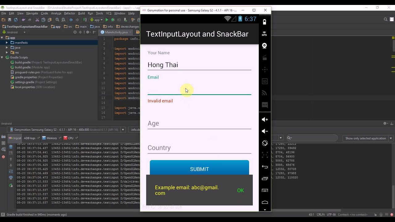 Android Material Design Textinputlayout And Snackbar Demo Youtube