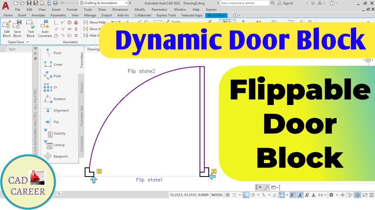 Dynamic Door Block In Autocad Dynamic Door Block Flip Process How