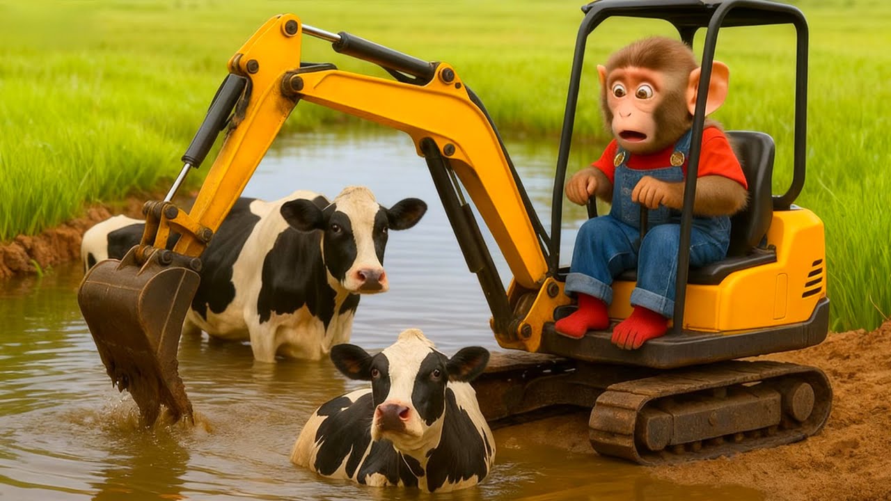 Baby Monkey Nana Bravely Drives Excavator To Rescue Dairy Cow That Fell
