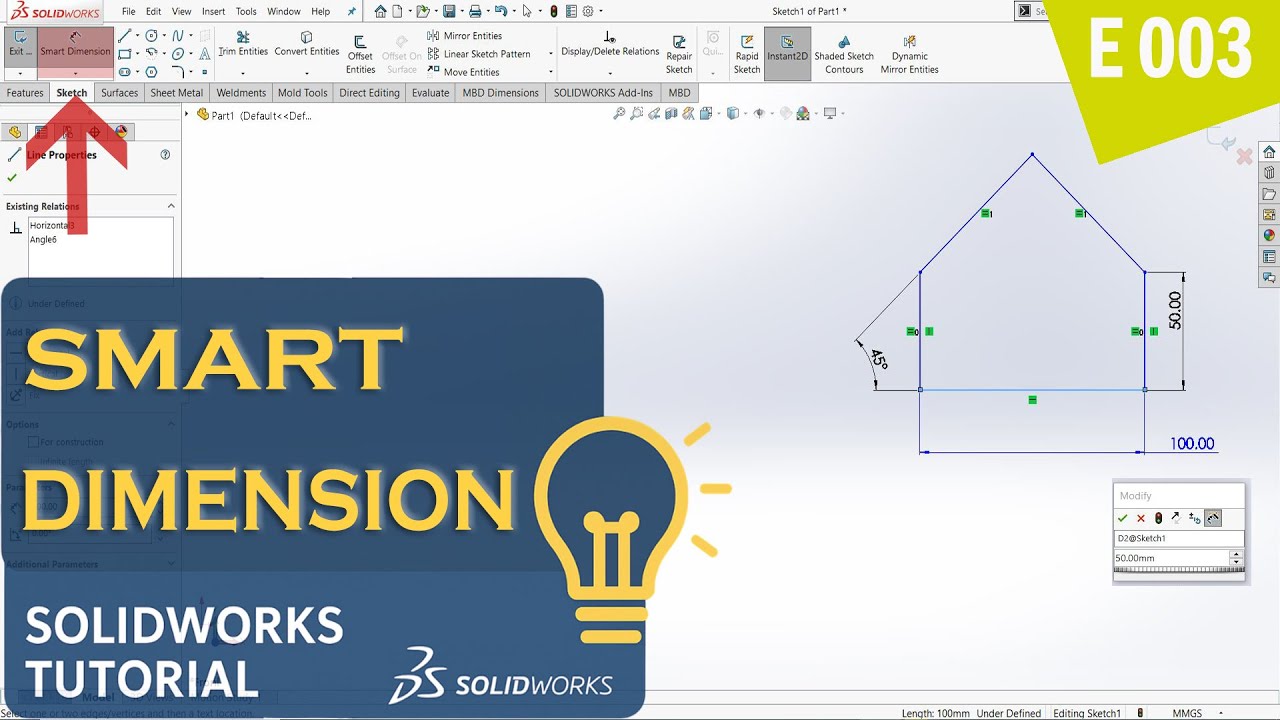 Solidworks Sketch Tutorial E003 â Learn Smart Dimension Tool â For