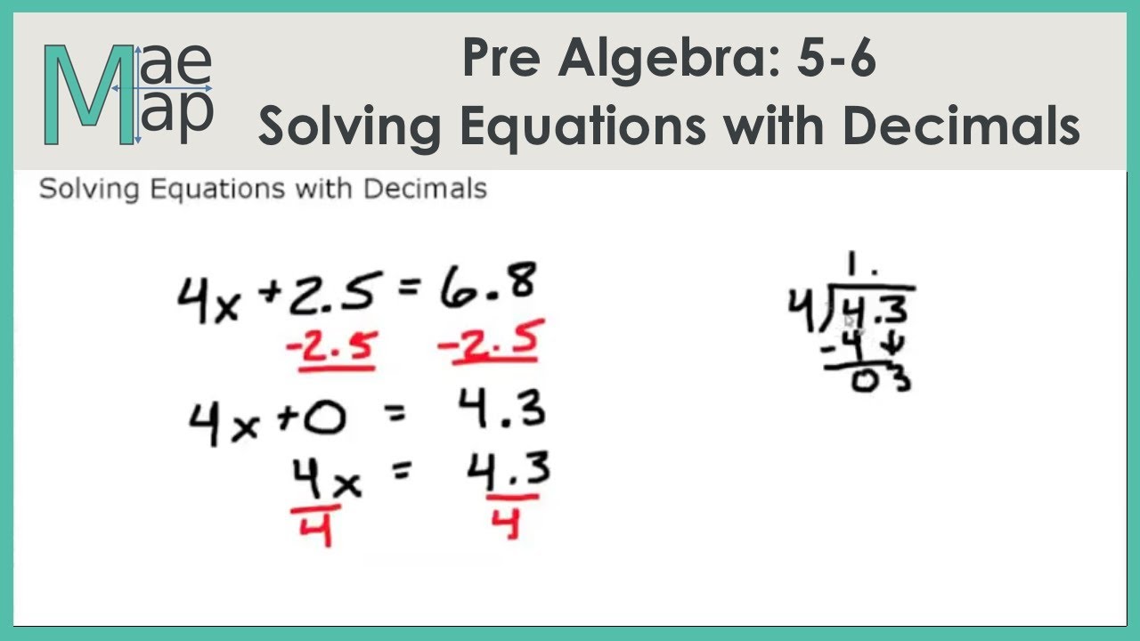 Prealgebra 5 6 Solving Equations With Decimals Youtube
